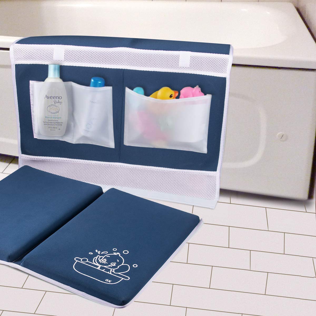 Baby Bath Kneeler and Elbow Rest -1.5" Thick Kneeling Pad with Toy Organizer - Large Safty Kneeler Mat for Tub Bathing and Bathroom Time - Detachable and Foldable Child Bath Tub Mat - Royal Blue