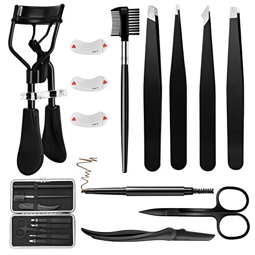13Pcs Eyebrow Kit with Eyelash Curler, Eyebrow Grooming Trimming Kit with Eyebrow Razor Comb Scissors Tweezers Pen Stencil Shaper for Women Black