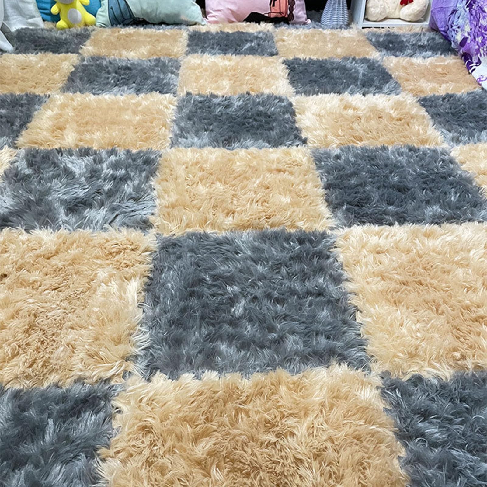 12 Pcs-12 Sq.ft. Non-Slip Square Interlocking Foam Tiles,Plush Puzzle Floor Mat,Area Rugs,Shaggy Bedside Carpet,Play Mat,12x12 Inch(Color:Apricot+Grey)
