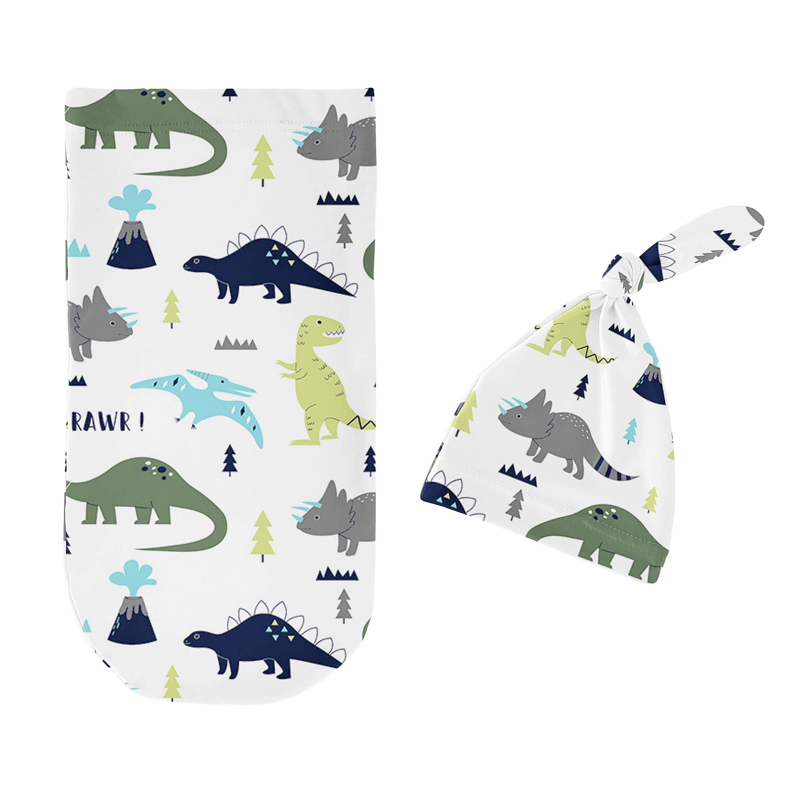 Sweet Jojo Designs Mod Dino Baby Boy Cocoon and Beanie Hat 2pc Set Jersey Stretch Knit Sleeping Bag for Infant Newborn Nursery Sleep Wrap Sack - Blue, Green and Grey Modern Dinosaur