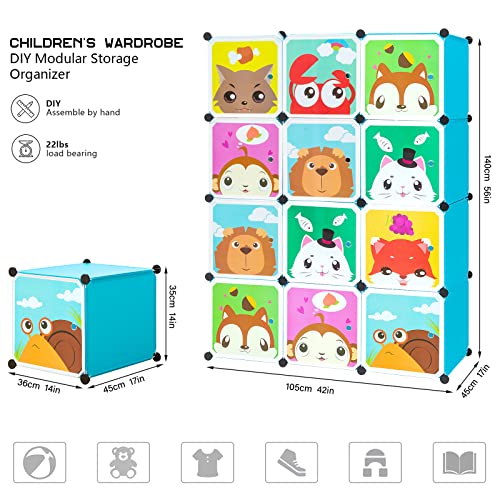 BRIAN & DANY Portable Cartoon Clothes Closet Wardrobe DIY Modular Storage Organizer, Sturdy and Safe for Children, 8 Cubes & 2 Hanging Sections, Blue