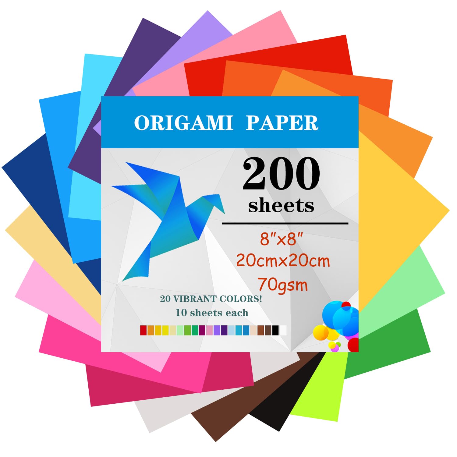 200 Sheets Origami Paper, 20x20 cm/8 Inch Origami Paper Double Sided(70gsm), 20 Colors Large Origami Paper Squares for Kids DIY School Arts Crafts Projects Children Adults