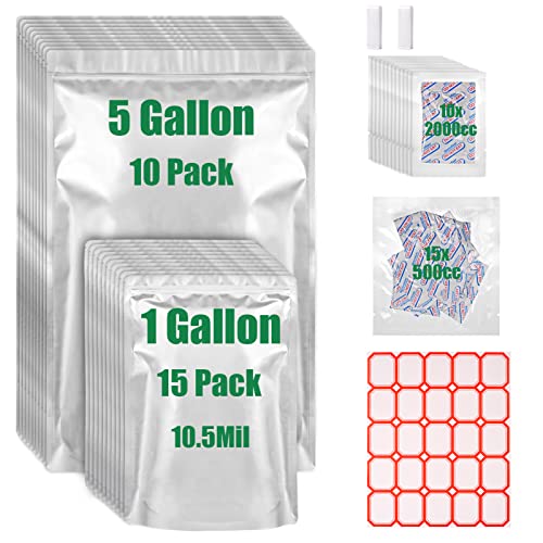 5 Gallon Mylar Bags for Food Storage,10.5 Mil Mylar Bags with Oxygen Absorbers 2000cc-25 Mylar Bags 5 Gallon & 1 Gallon,Stand-Up Zipper Resealable Bags & Heat Sealable Food Storage Bags + Labels