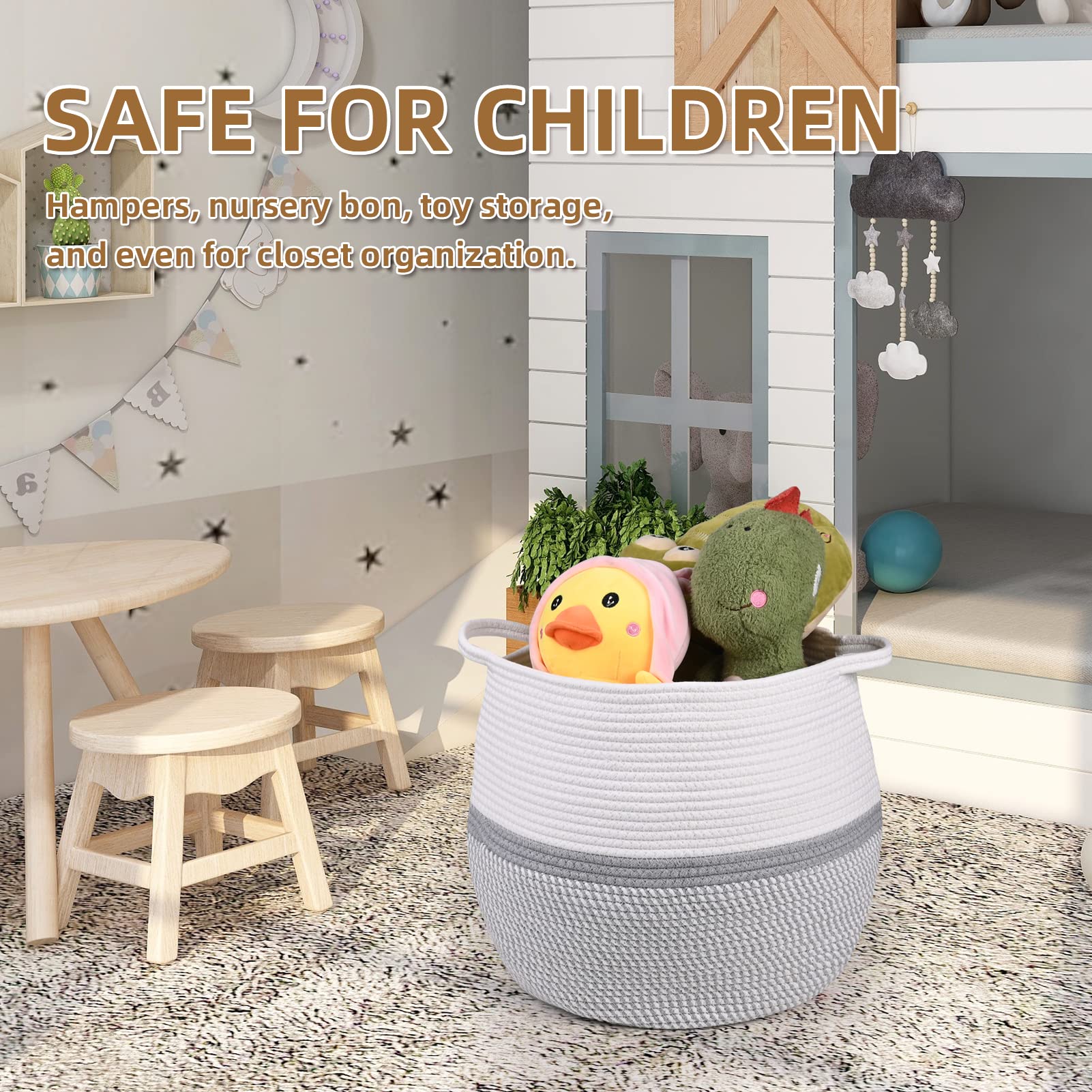 Woven Basket Rope Storage Basket, Home Decor Blanket Basket Laundry Hamper, Nursery BinToys Storage Basket with Handle, Baskets for Toys Pillows Towels