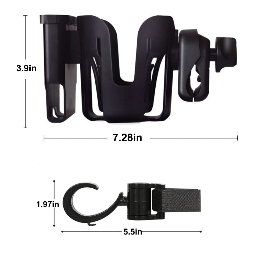 2 in 1 Stroller Cup Holder with Phone Holder Organizer for Parent, Baby, Toddler, Universal Strollers Storage Rack with Stroller Hooks for Stroller, Bike, Wheelchair, Walker, Pushchair(Black)