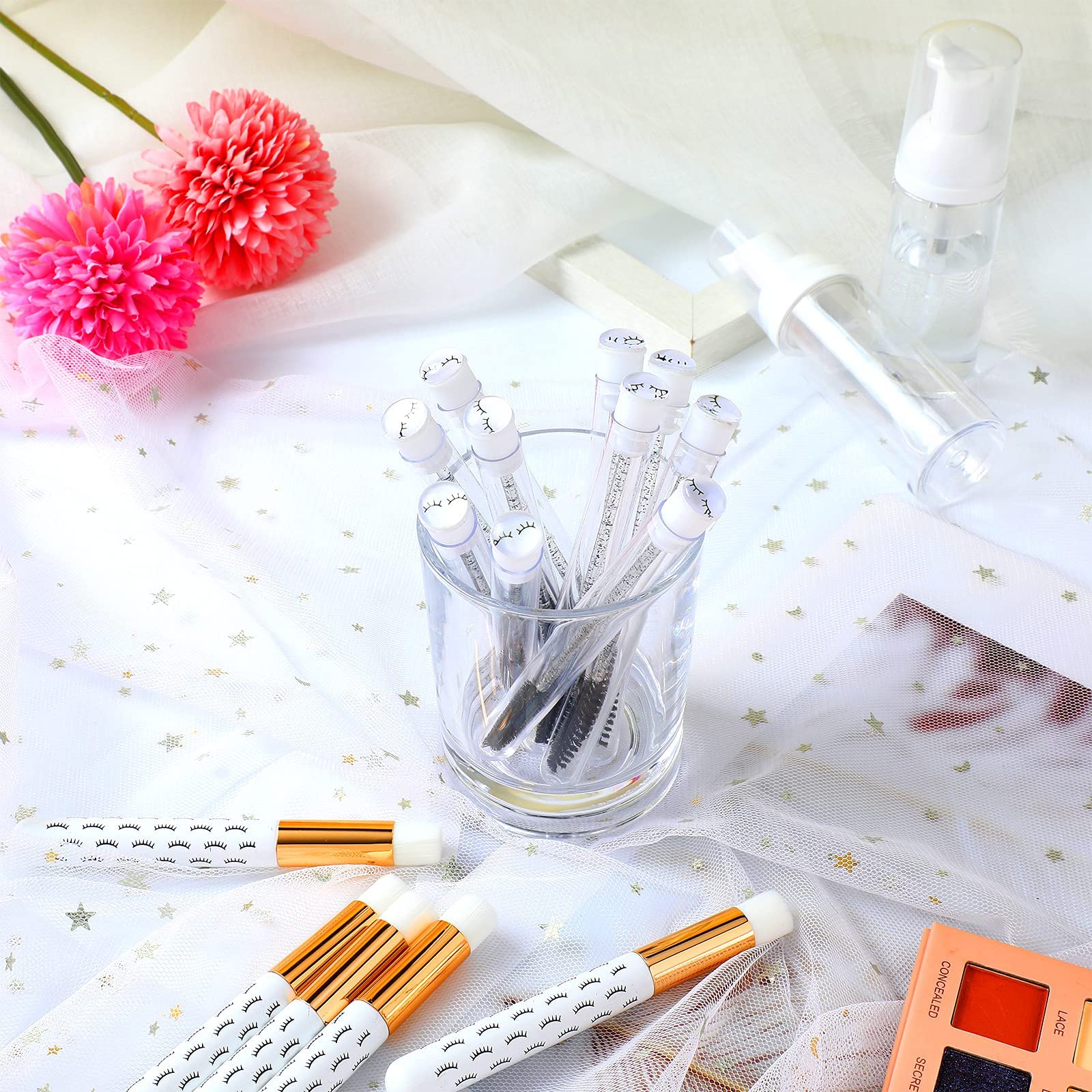Geiserailie 30 Pcs Lash Shampoo Brushes Soap Bottle Set, 10 Eyelash Extensions Mascara Brushes 10 Peel off Blackhead Nose Cleaning Brush 10 Plastic Foam Reusable Bottle for Women(Simple,White)