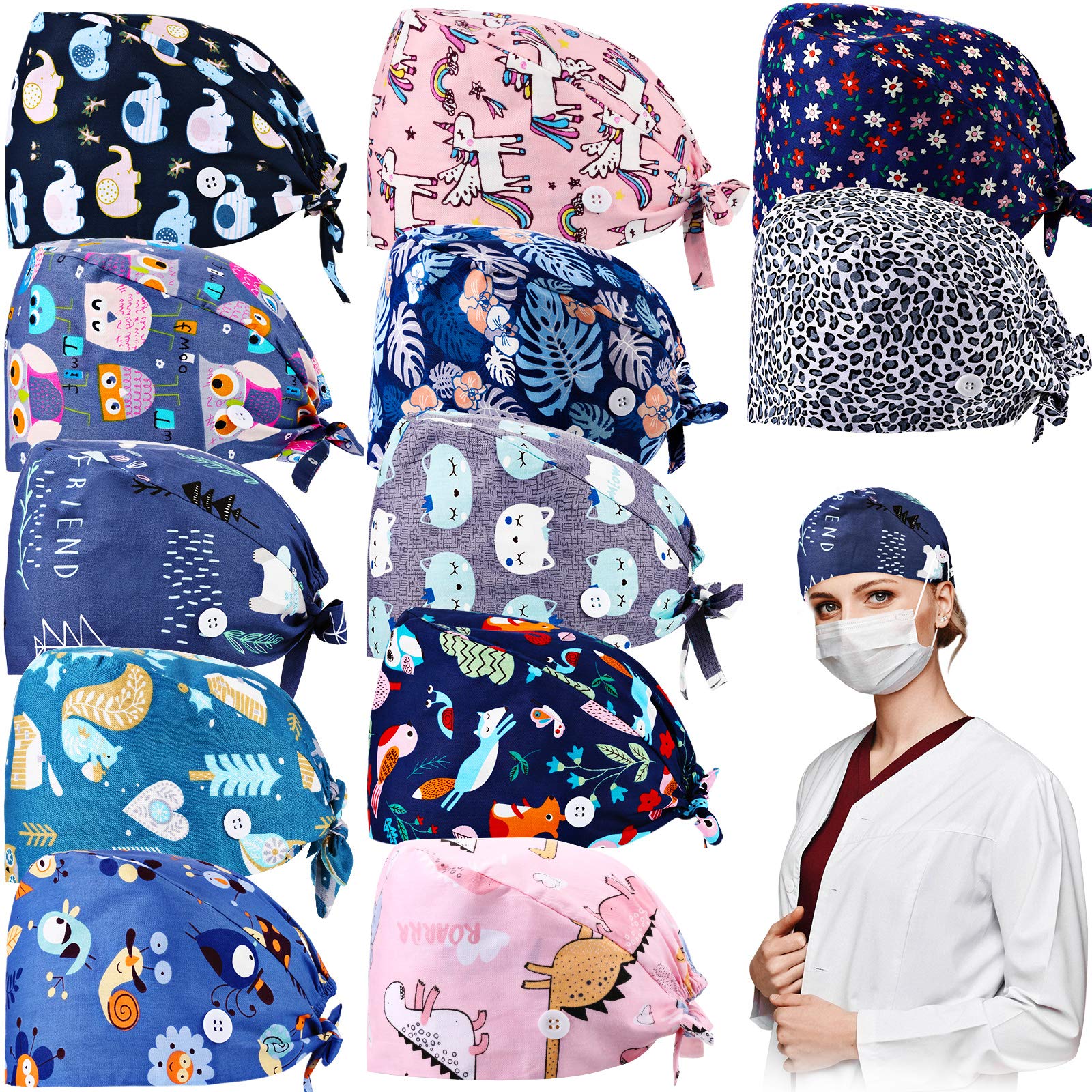 12 Pieces Bouffant Caps with Buttons Adjustable Sweatband Head Hair Covers Unisex Tie Back Hats (Assorted Cartoon and Floral Patterns)