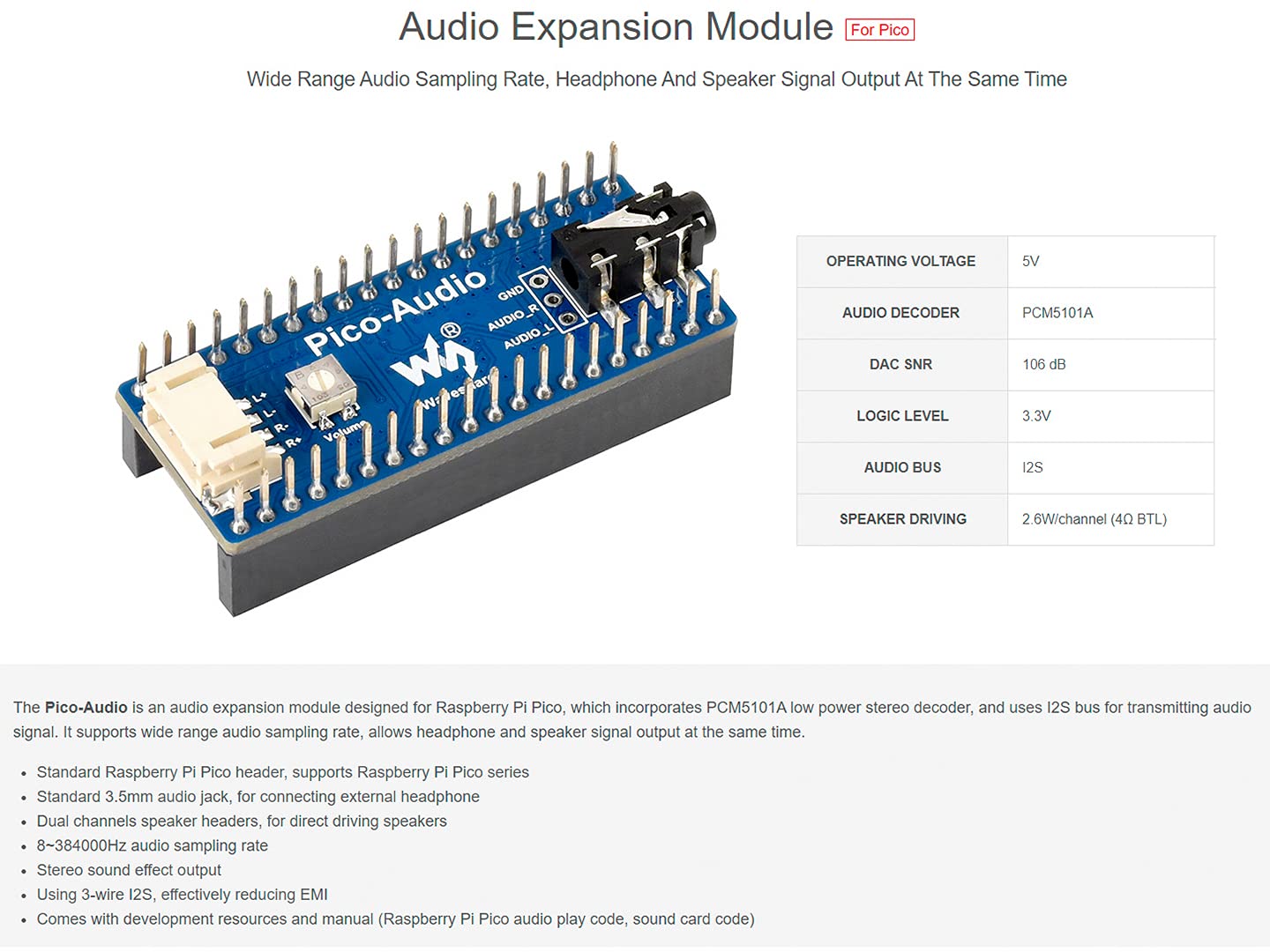 Bicool Audio Expansion Module for Raspberry Pi Pico, PCM5101A Low Power Stereo Decoder,8~384000Hz Sampling Rate, Dual Channels Speaker Headers,Using I2S Bus,HeadphoneSpeaker Output Concurrently