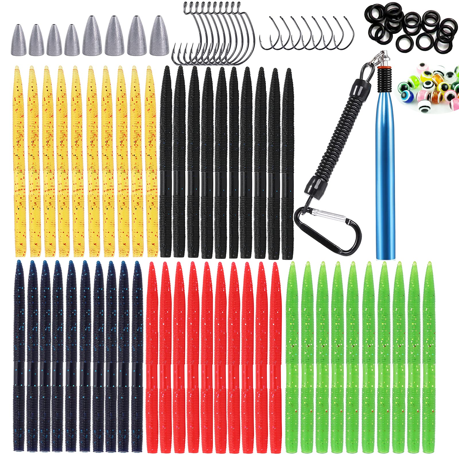 129 PCS Bass Fishing Kit 5.5ββ Wacky Senko Worms Soft Wacky Rig Plastic Stick Baits (129 pcs Fishing Worm Kit)