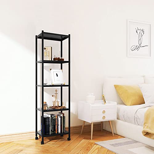 5-Tier Metal Rolling Cart Organizer with Wheels ,Adjustable Heavy Duty Free Standing Baker's Rack for Kitchens,Storage Tower for Pantry Laundry Bathroom Narrow Places