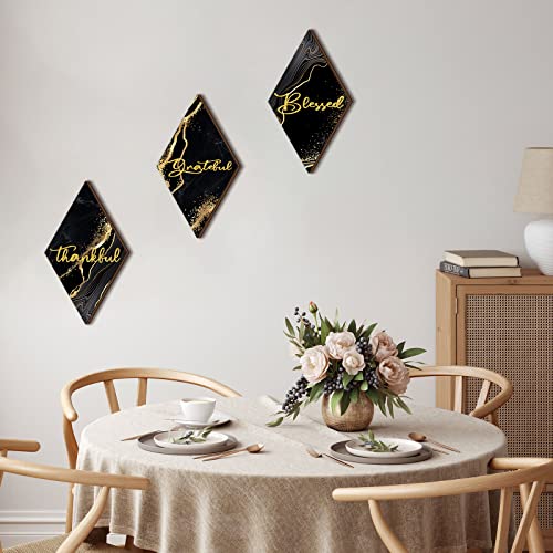 3 Pcs Marble Style Bathroom Wall Decor Thankful Grateful Blessed Wall Decor Black and Gold Farmhouse Rustic Art Wall Decor Wooden Bathroom Hanging Signs for Home Laundry Spa Room,11.8 x 6.7 Inches