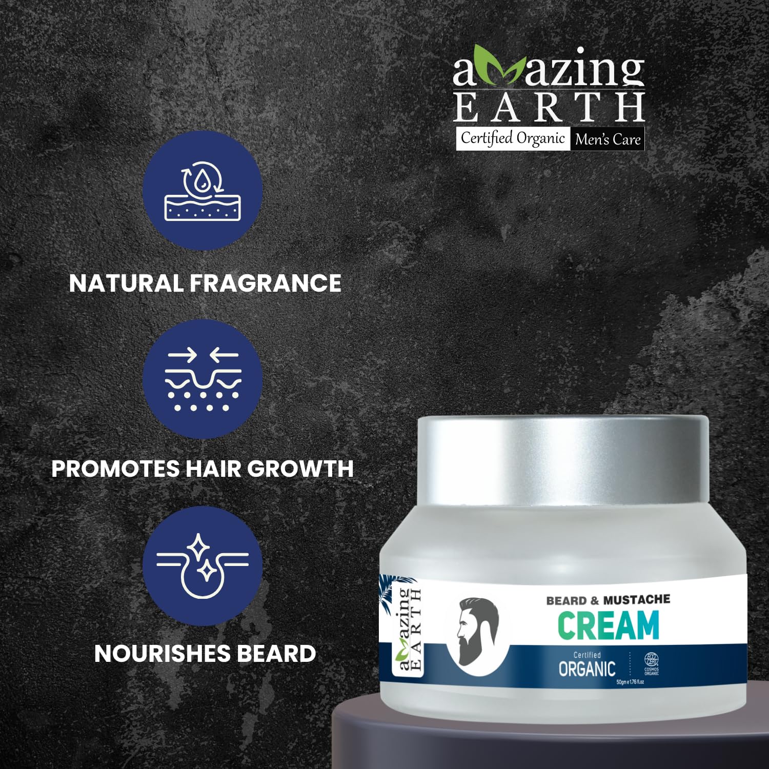Amazing Earth Beard and Mustache Cream for Men -Certified Organic, Styling, Hair Growth, Soft Beard, Chemical-Free and Vegan -50 g