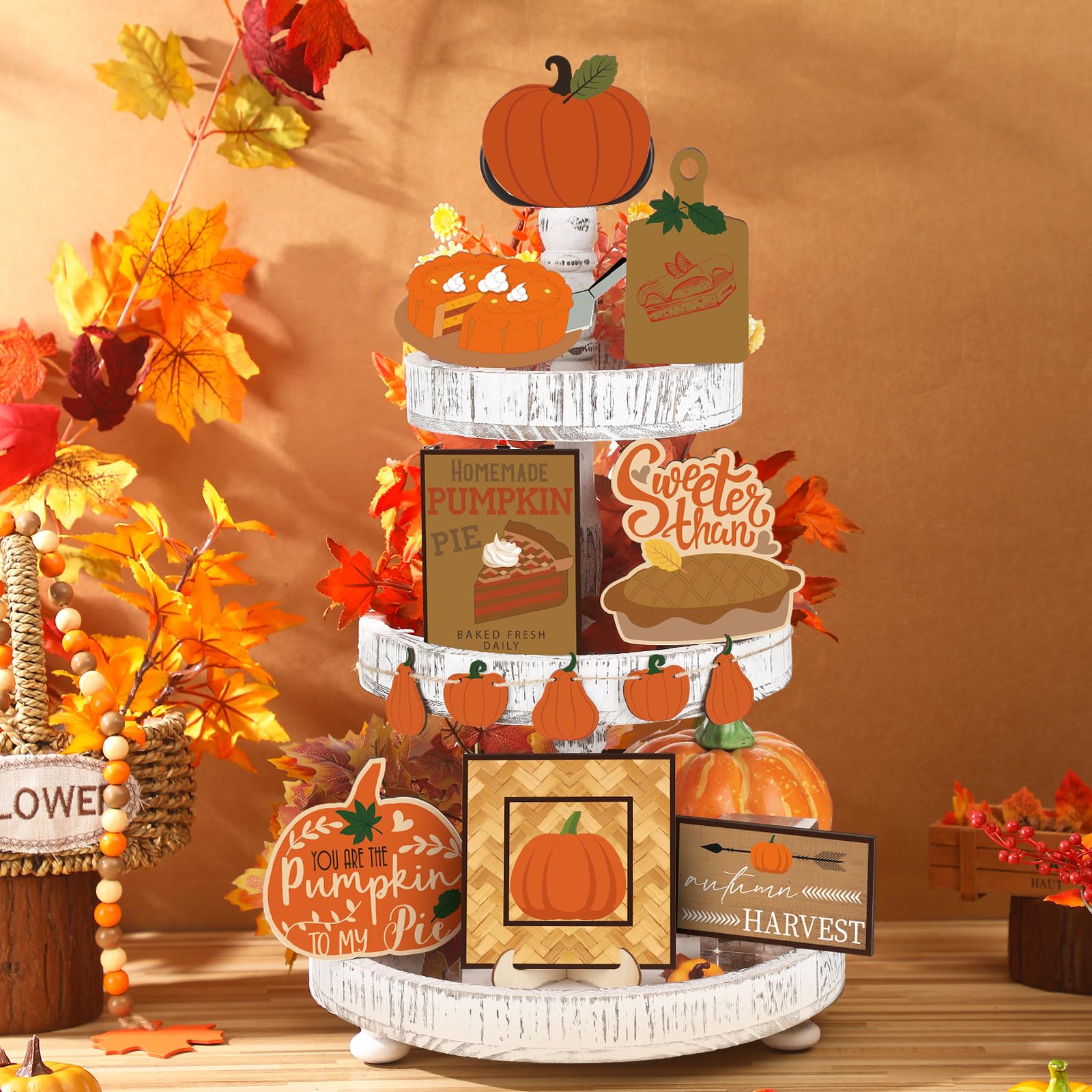 12 Pieces Fall Tiered Tray Decor Set Welcome Autumn Pumpkins Tray Decor Hello Autumn Maple Leaf Wood Table Decor Thanksgiving Decorations for Holiday Fall Farmhouse Home Centerpiece (Novelty Style)