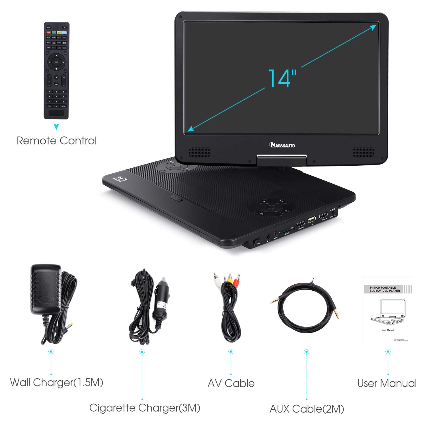14 Inch Portable Blu-Ray DVD Player for Car Full HD 1080P with HDMI Output and Input, Dolby Audio, 3-Hour Rechargeable Battery, AUX Cable, Support USB and SD