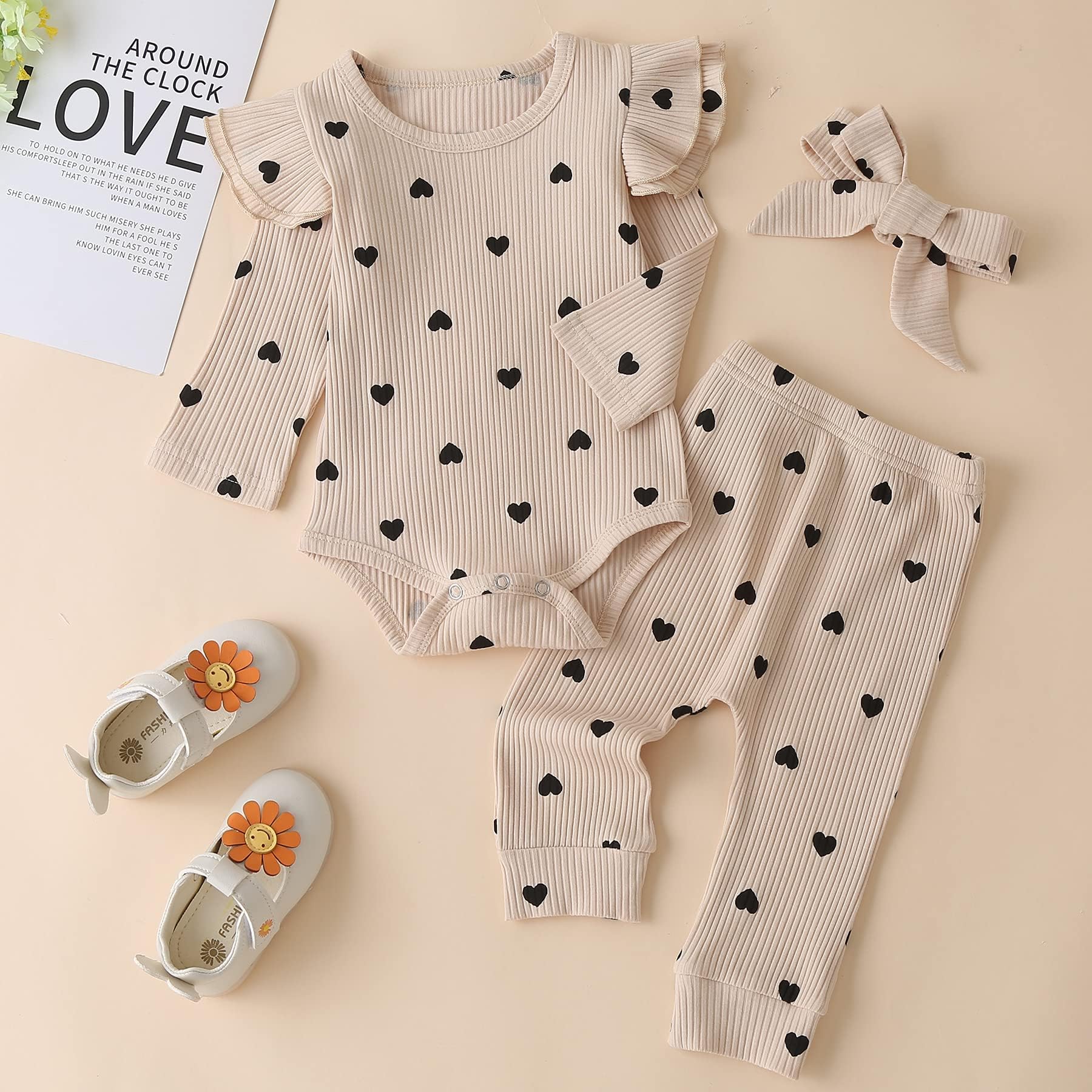 Fullfamous Infant Baby Girl Clothes Outfits,Fall Winter Romper Christmas Clothing Set 0-3 months Ecru Heart