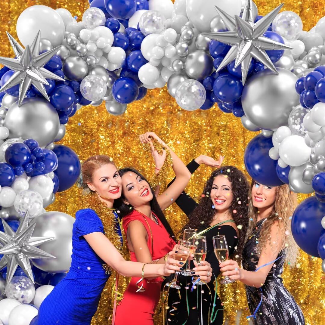 141pcs latex balloons with 3pcs Foil Balloons for Birthday Graduation Disco 2024 Prom Party Decorations⦠(Royal Blue Silver White)