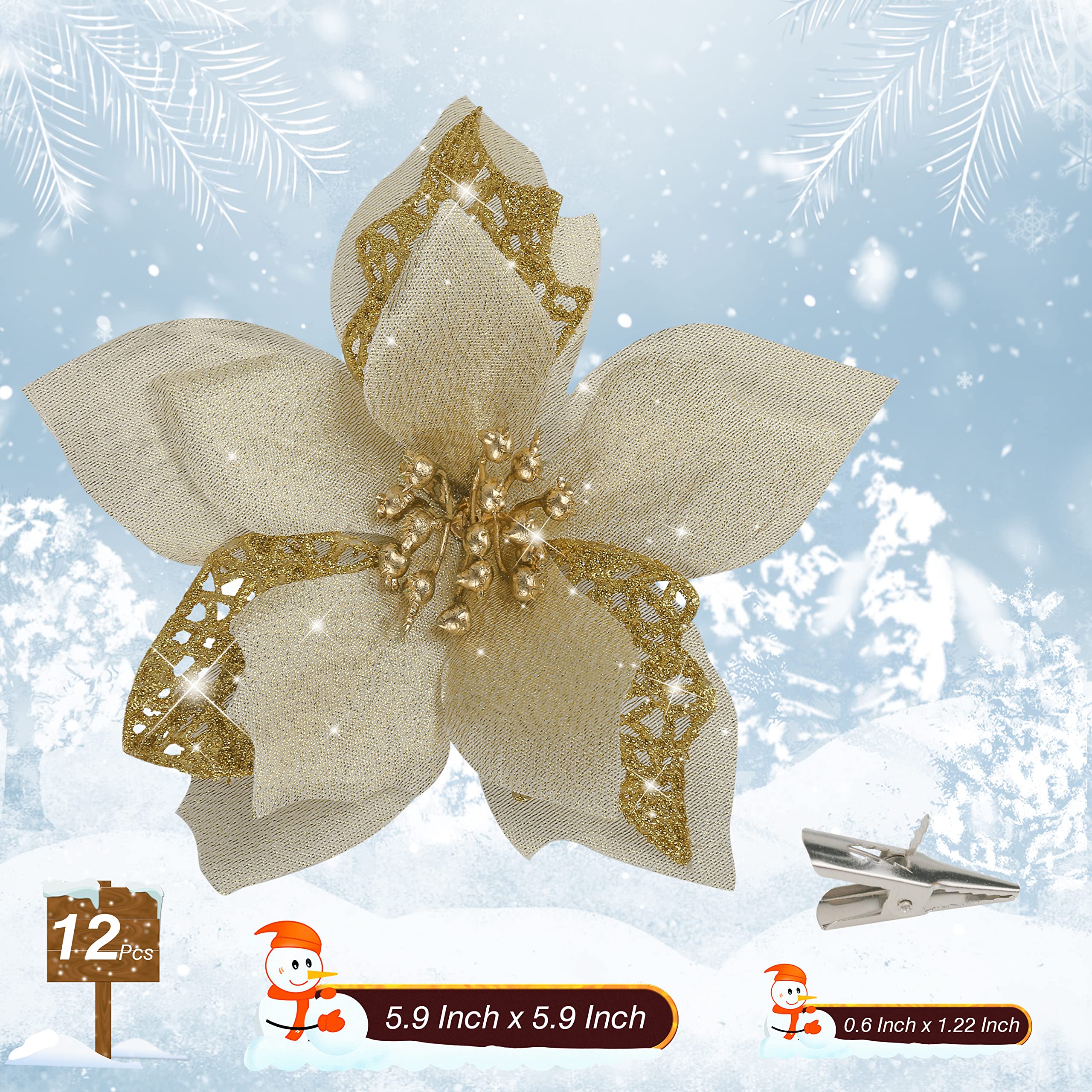 12-Pack 5.9'' Gold Glitter Poinsettia Artificial Flowers - Christmas Tree Decorations with Clips