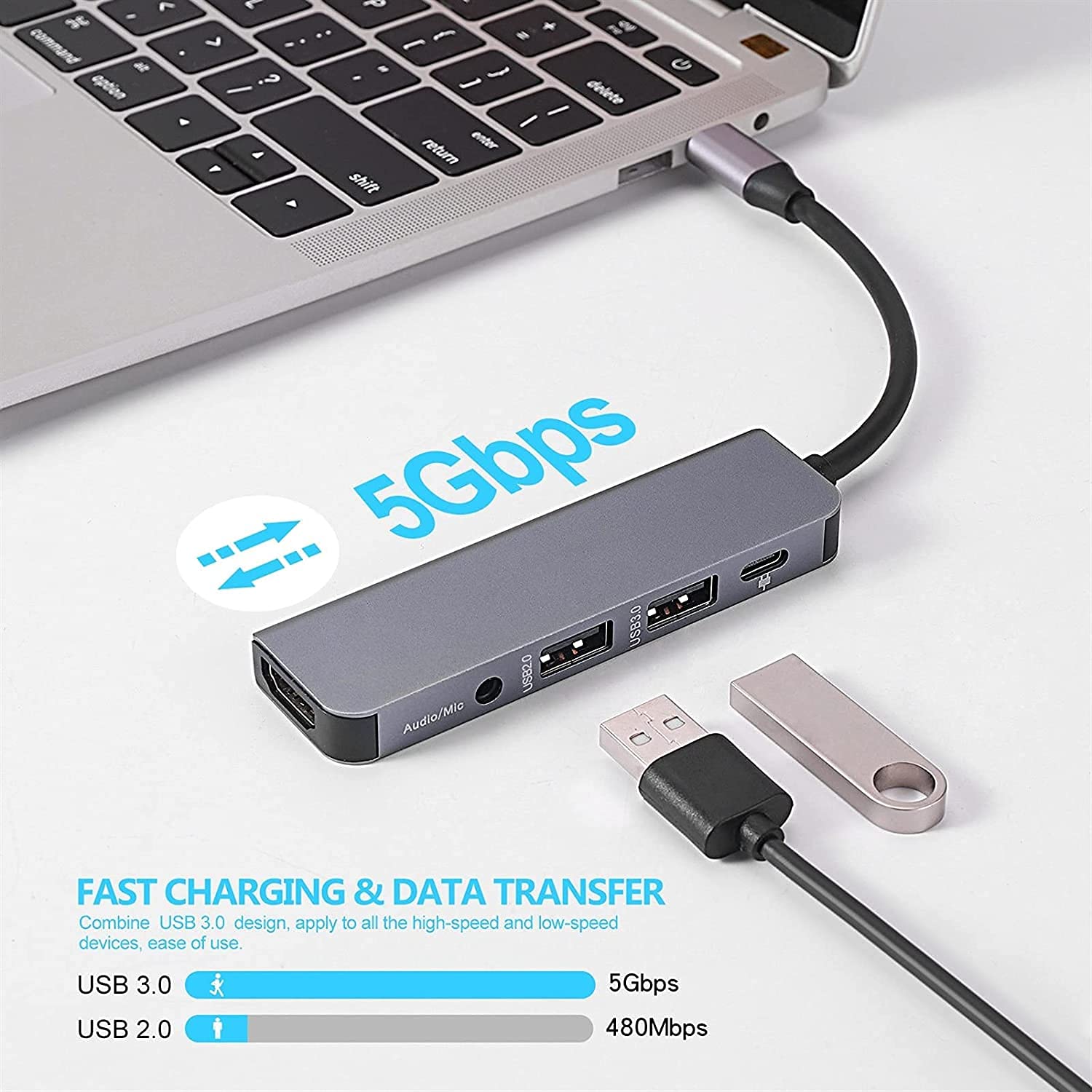 Type-c Docking Station, 5-in-1 Hub Usb3.0 3.5mm Audio Hdmi Pd Fast Charge Compatible with Windows Xp/Vista, Win 7/win8/win 10, Mac Os, Linux, Android (Silver) (Silver)