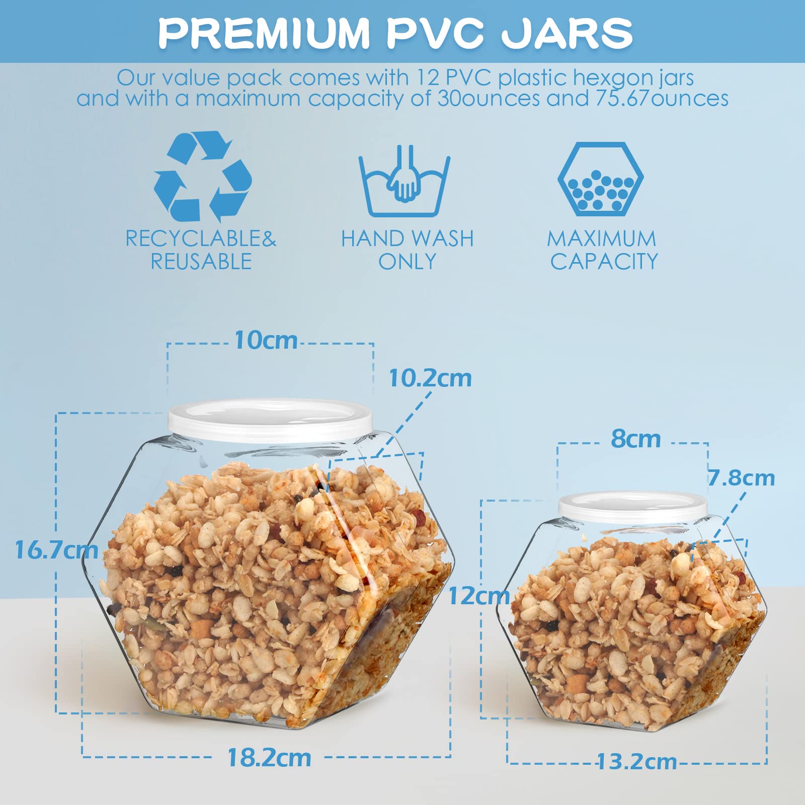 12 Pieces Hexagon Shaped Plastic Cookie Jars with Airtight Lids Wide Mouth Clear Plastic Candy Jars Reusable Candy Containers for Home Snack Candy Buffet Storage Kitchen Counter, 850 ml, 2150 ml