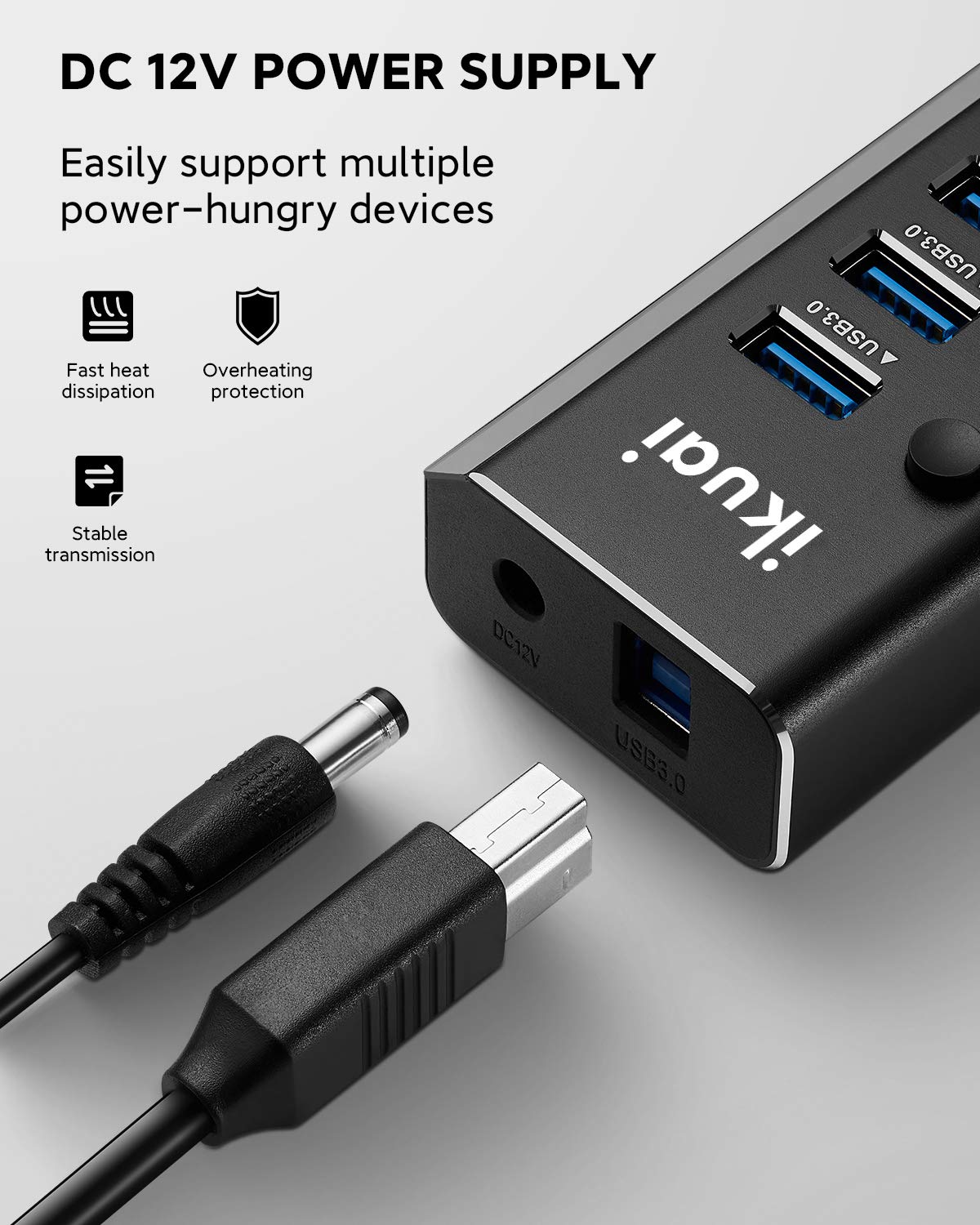 ikuai 5 Ports USB Hub with 4 USB Data Ports & 1 Fast Charging Port(12V/2A Power Adapter)+10 Ports USB 3.0 Hub with 12V 3A Power Adapter