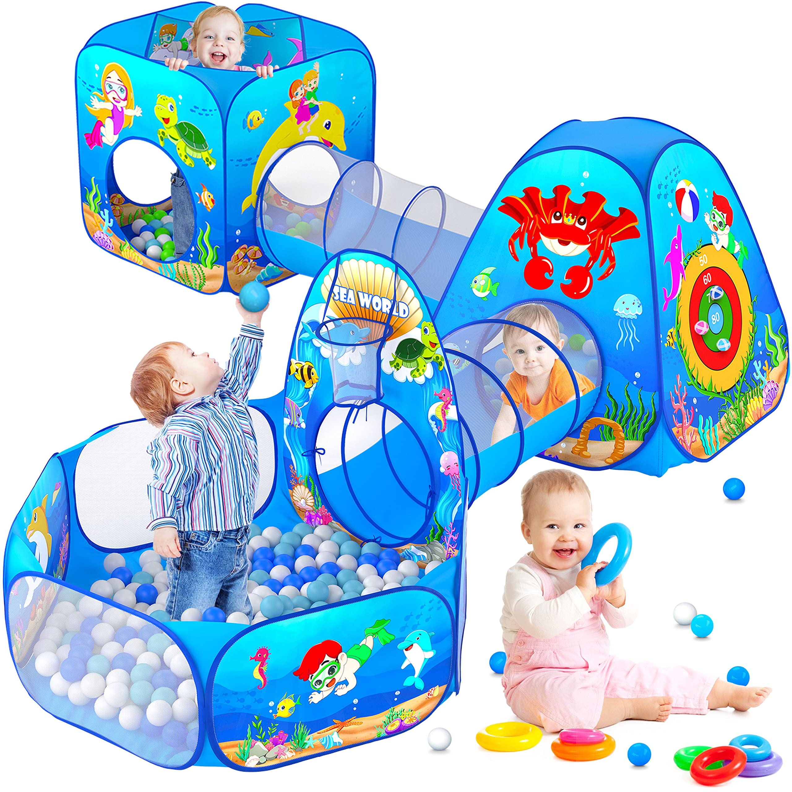5pc Baby Ball Pits for Toddlers, Kids Play Tent and Play Tunnel, Children Indoor Outdoor Playhouse with Crawling Toys, Boys and Girls Best Birthday Gifts (Balls Not Included)