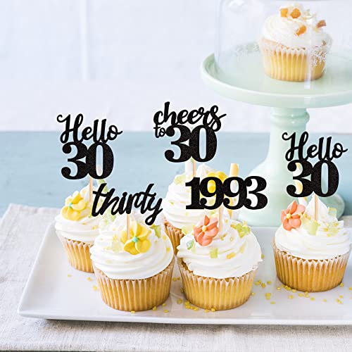 24 PCS Black 30th Birthday Cupcake Toppers Glitter Hello 30 Cupcake Topper Cheers to 30 Since 1993 Thirty Cupcake Picks for Happy 30th Birthday Anniversary Party Cake Decorations Supplies