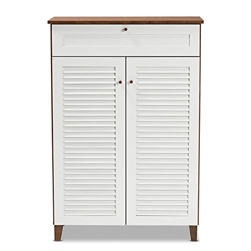 Baxton Studio Coolidge Modern and Contemporary White and Walnut Finished 5-Shelf Wood Shoe Storage Cabinet with Drawer