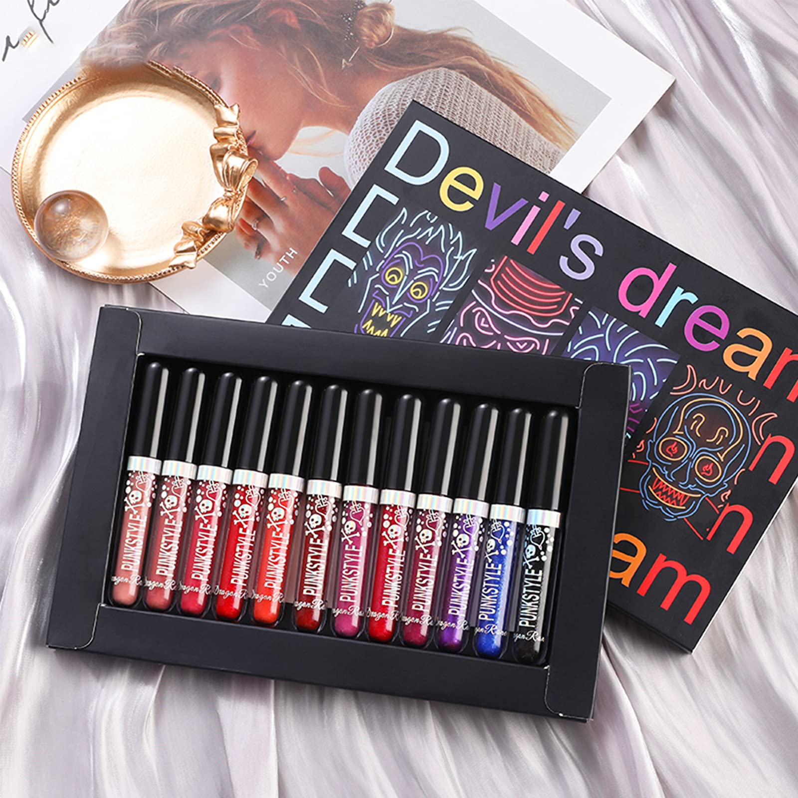 Gireatick 12 Colors Glitter Lip Gloss Set, 12Pcs Diamond Shimmer Metallic Liquid Lipstick Set, Long Lasting Waterproof Non-stick Cup Lip Gloss Glow Cosmetic Kit