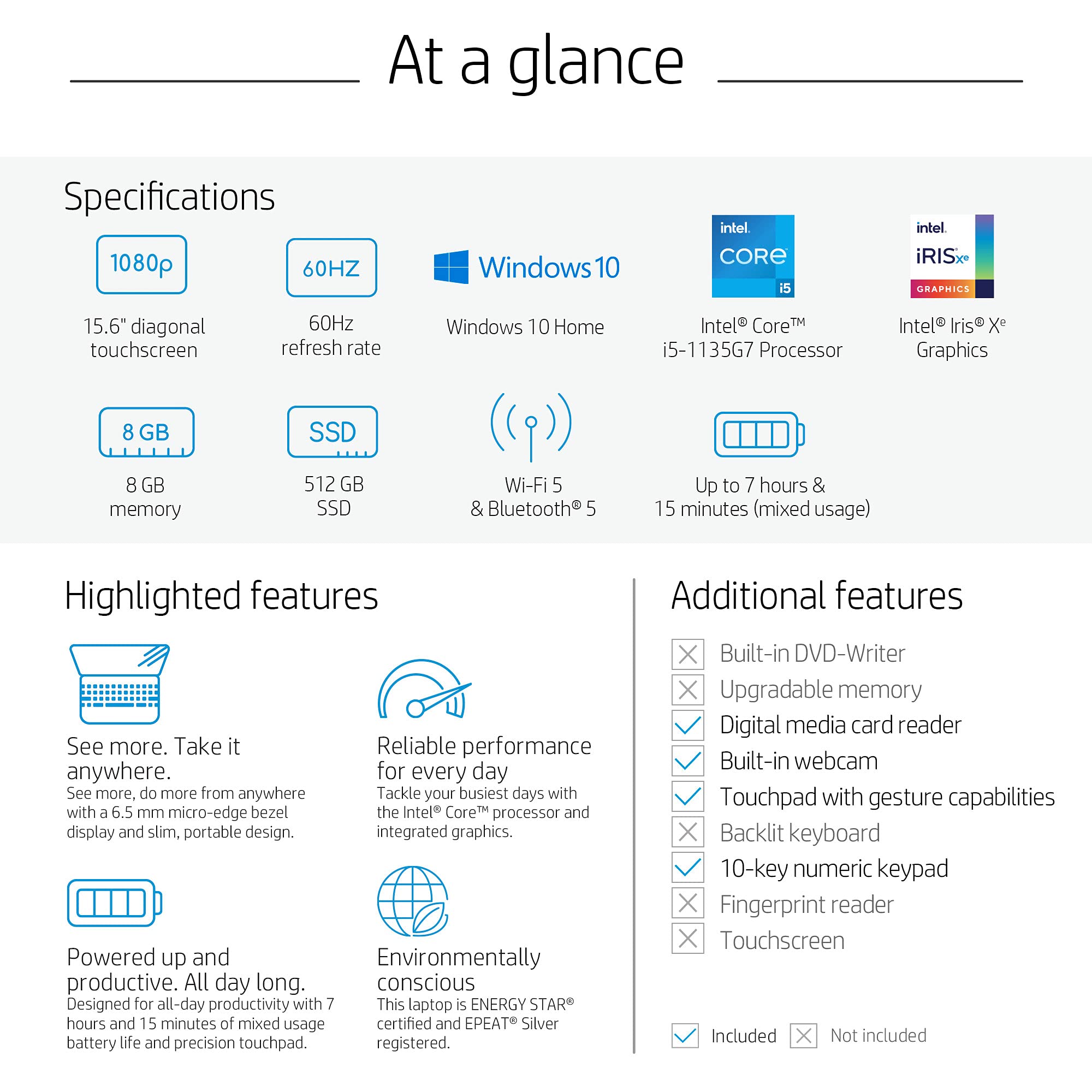 HP 15.6" Full HD Diagonal Laptop, Intel Core i5-1135G7 Processor, 8GB DDR4, 512GB SSD, 802.11ac, Bluetooth 4.2, HDMI, Windows 10, W/Valinor Accessories