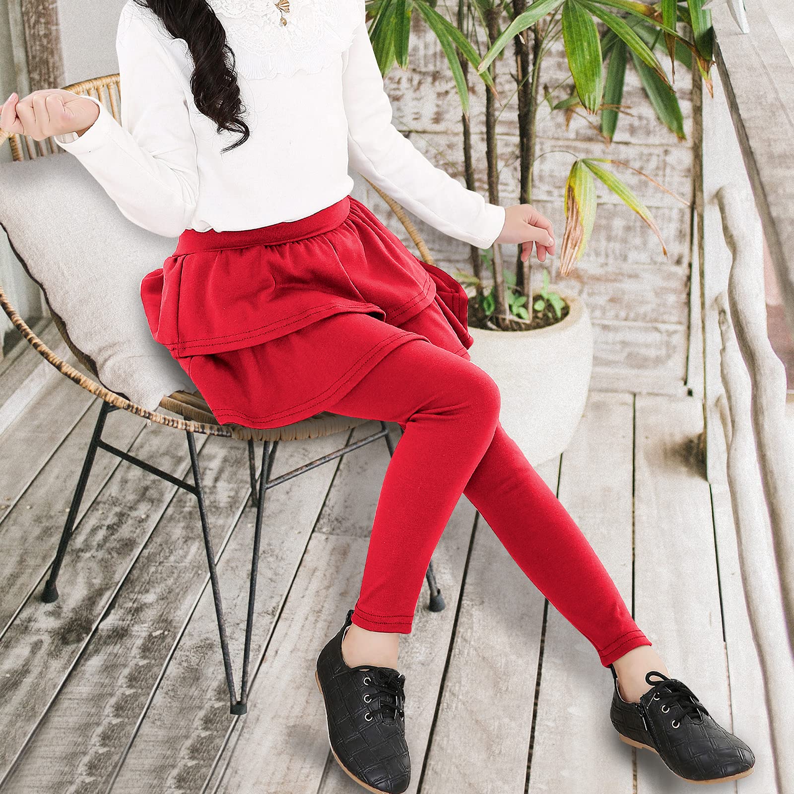 KEREDA Girls Leggings Ruffle Skirt School Uniform Pants Kids Clothes 7-8 Red
