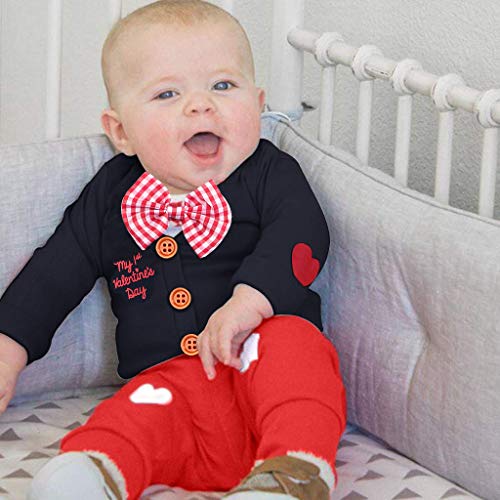 Baby Boys My First Valentine's Day Outfit Infant Boy Bow Tie Bodysuit Romper + Heart Pants Clothes 3Pcs Sets (Navy Blue, 3-6 Months)