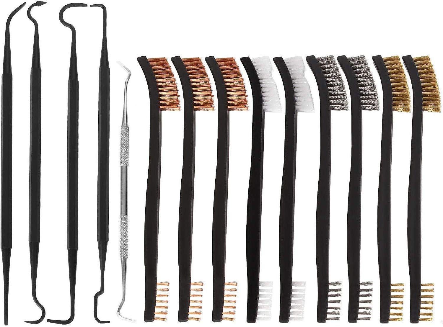 14 Pcs Gun Cleaning Brushes & Picks Kit, Universal Gun Cleaner Tool Set, Double-Ended Stainless Steel Brass Nylon Phosphor Copper Bristle Cleaning Brush & Ploymer Metal Picks for Pistol Shotgun Rifle