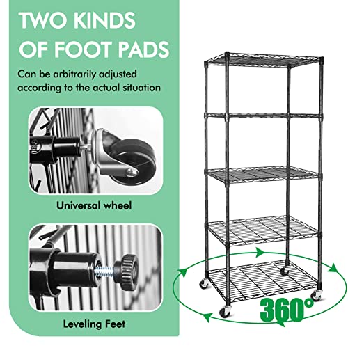 5-Shelf Adjustable,Heavy Duty Kitchen Shelf Organizer Rack,Kitchen Rack, Storage Shelving Unit on Wheel Casters,Steel Organizer Wire Rack, Metal Organizer Shelving Unit,Storage Shelf with Wheels