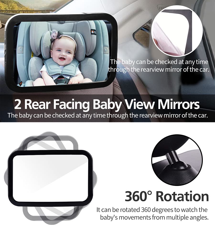 Baby Car Mirror, 2 Pack Large Safety Car Seat Mirror, Baby Car Seat Mirror for Rear Facing Infant Child with Wide Crystal Clear View, Rear View Mirror