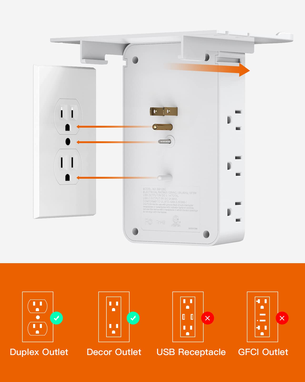 12-Plug Wall Outlet Extender with Shelf, Power Strips, Surge Protector 12 AC Outlets Multi Plug , 3 USB Ports (1 USB C Port) Expander for Home, Office, School