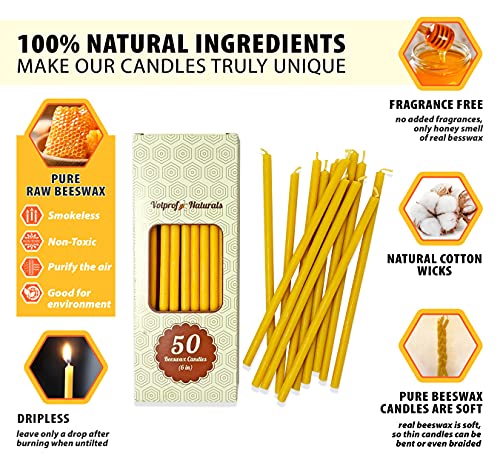 50 Natural 100% Pure Raw Beeswax Taper Candles ( 6") Natural Honey Scent Birthday Cake, Dripless, Smokeless, Nontoxic, Natural Cotton Wick