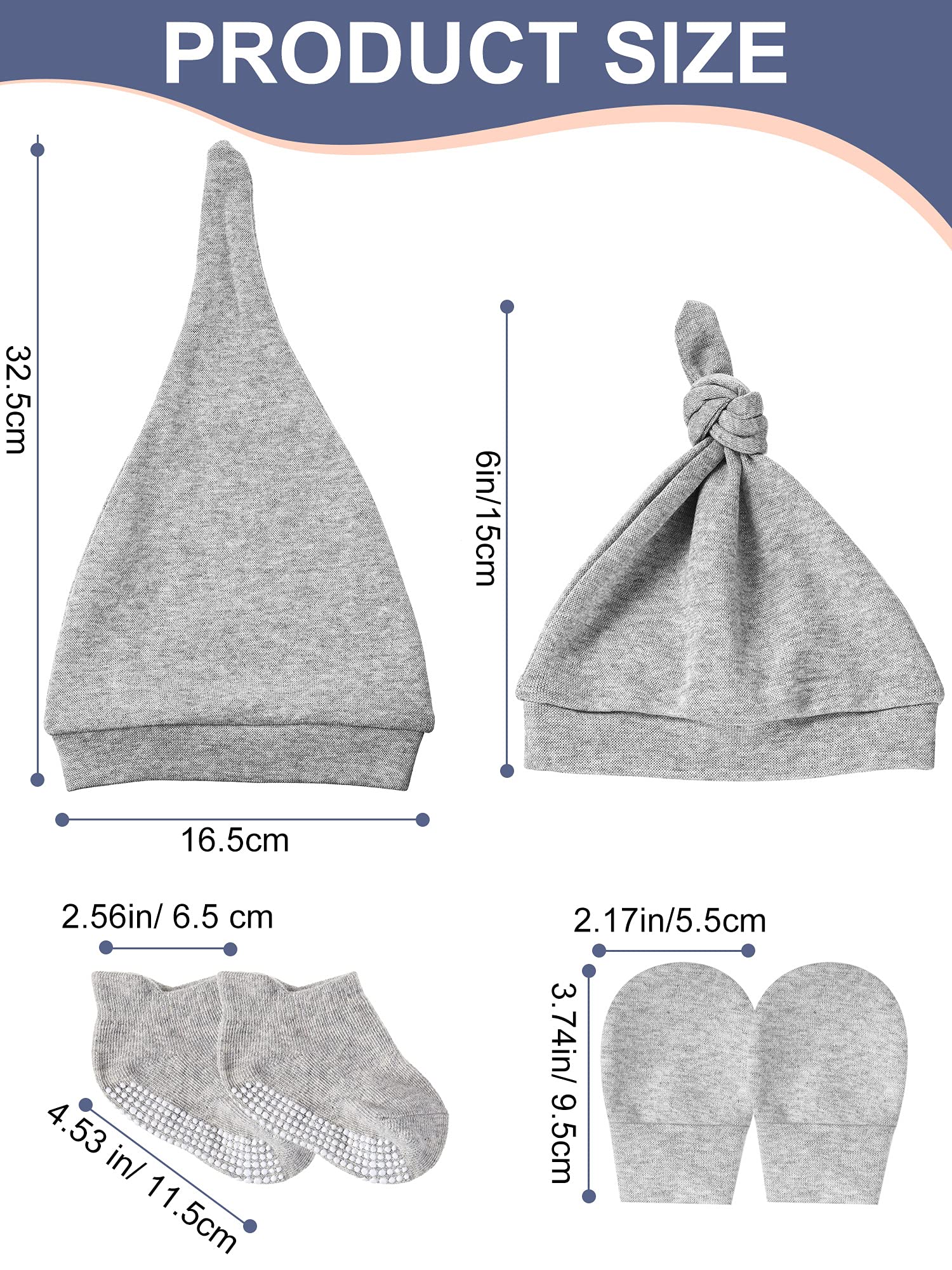 Baby Hats Newborn Knot Beanie No Scratch Mitten Non-Slip Sock for Boys and Girls (White, Gray, Black, Blue, Navy Blue,5 Sets)