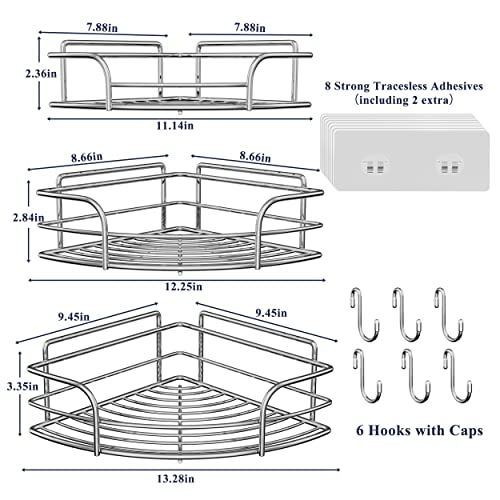 3 Pack Corner Shower Caddy: Stainless Steel No-drilling Bathroom Organizer for All 90° Corners- Installed in Minutes, Heavy Duty Shower Shelves for Storage- 6 Metal Hooks with Caps, 2 Extra Adhesives