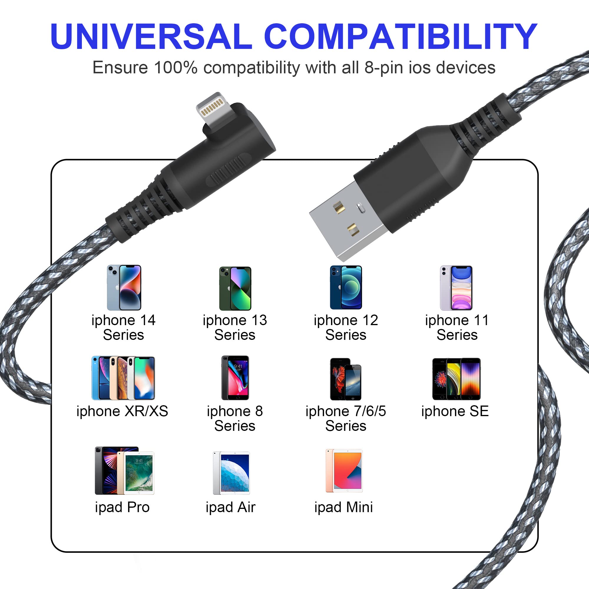 10FT iPhone Charger 90 Degree, [Apple MFi Certified] USB-A to Lightning Cable Right Angle, Nylon Braided iPhone Fast Charging Cord for iPhone 14 13 12 11 Pro Max XR XS X 8 7