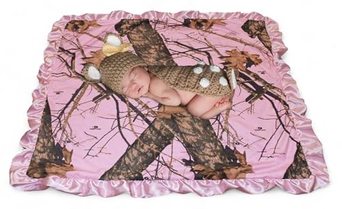 Mossy Oak BU Pink Hunting Camo Baby Blanket, Super Soft Carstens Microfur Back and Satin, Bow, Newborn Pink Camouflage Gift Blanket