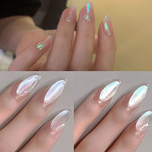 4 Boxes White Aurora Nail Powder, Holographic Pearlescent Glitters