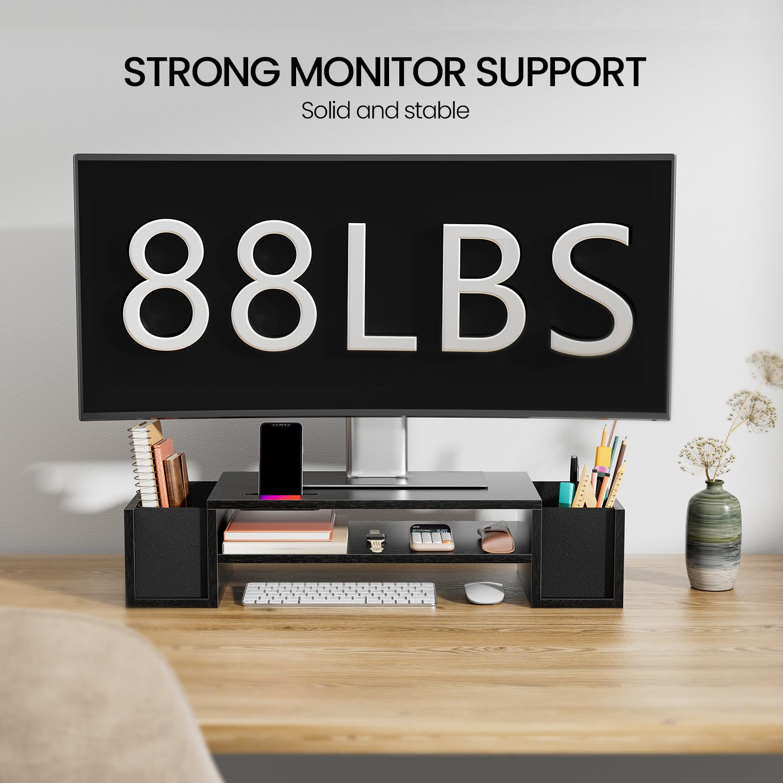 AMERIERGO Monitor Stand Desk Organization with DIY Storage Space, Monitor Riser Stand with Storage with 2 Slots & Phone Holder, Computer Stand 2 Tier for Home Office Use