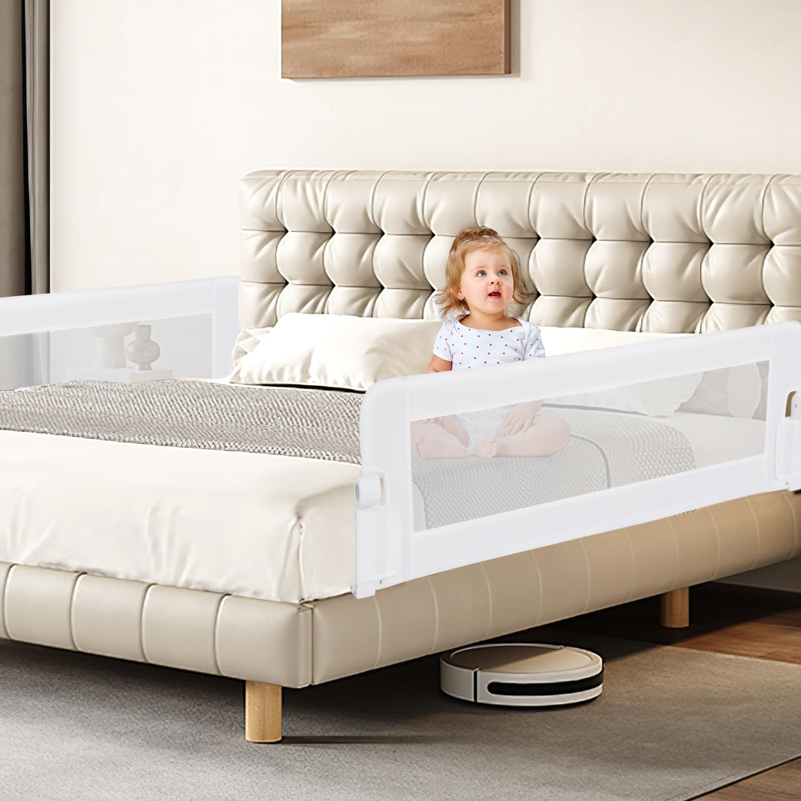 BABY JOY Double Sided Bed Rail Guard, 2 Pack, Extra Long, Swing Down for Convertible Crib, Folding Baby Safety Bedrail for Kids Twin Full Size Queen King Mattress, Rails for Toddlers (White, 60-Inch)