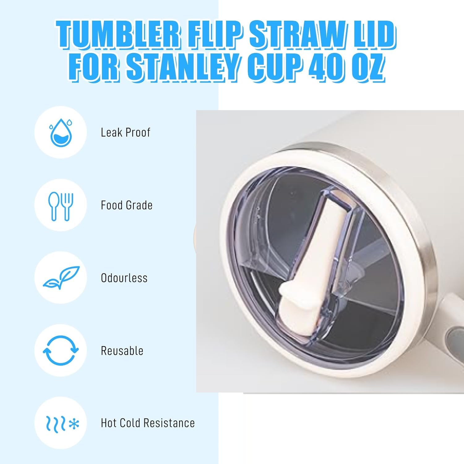 2 Pack 40 oz Tumbler Flip Straw Lid Replacement Compatible with Stanley Quencher - Leak-Proof Splash Resistant Tumbler Top Replacement Reusable Tumbler Cover Cream White