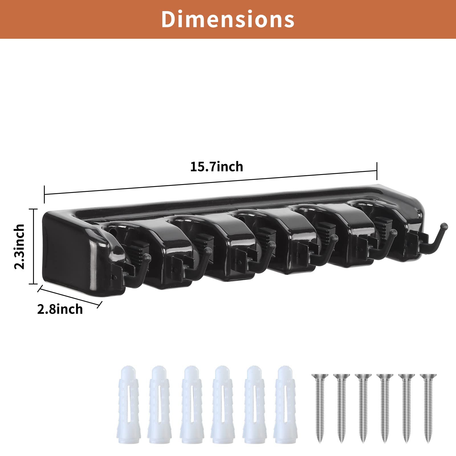 2 Pack Mop and Broom Holder, Wall Mounted Garden Tool Organizer, Ideal Broom Hanger Tool Rack Storage for Kitchen, Garage, Laundry Room - 5 Position 6 Hooks (Black)