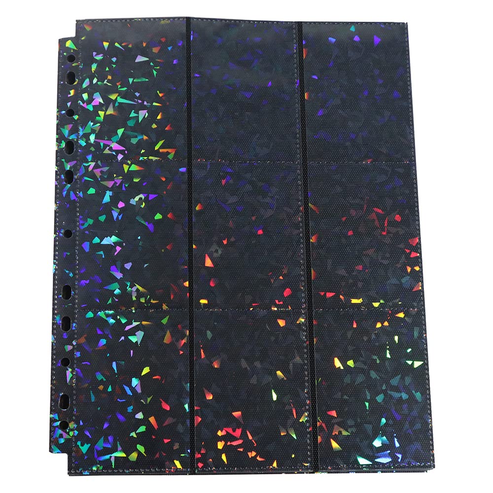 30PCS Holographic Trading Card Sleeve Pages Gemstone Foil Card Sleeves TCG&Photo 9 Pockets Fit 3 Ring Binder Pages (Side Loading Black Pages)