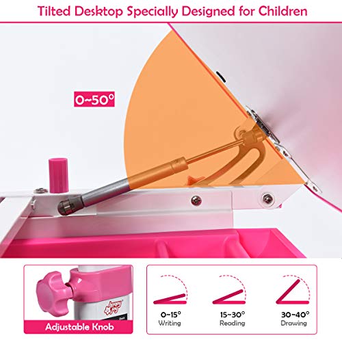 BABY JOY Kids Desk and Chair Set, Height Adjustable, Student Study Table with Storage Drawer, Bookshelf and Tilted Desktop, Children Writing Table for Studying, Reading and Drawing (Pink)