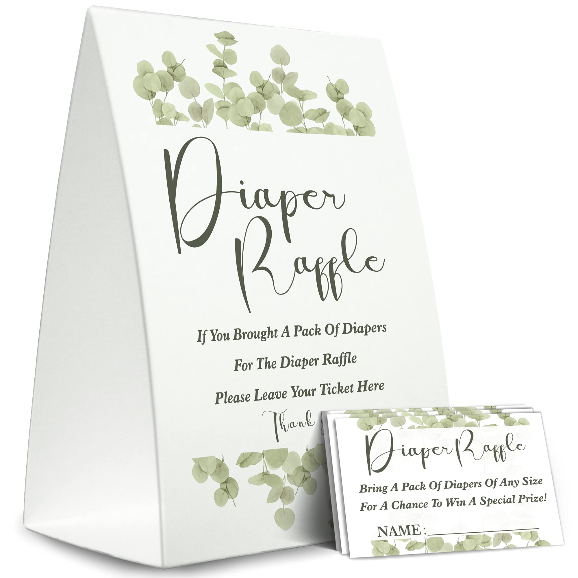 Diaper Raffle Sign,Diaper Raffle Baby Shower Game Kit (1 Standing Sign + 50 Guessing Cards),Greenery Insert Ticket,Baby Showers Decorations,Card for Baby Shower Game to Bring a Pack of Diapers-XN04