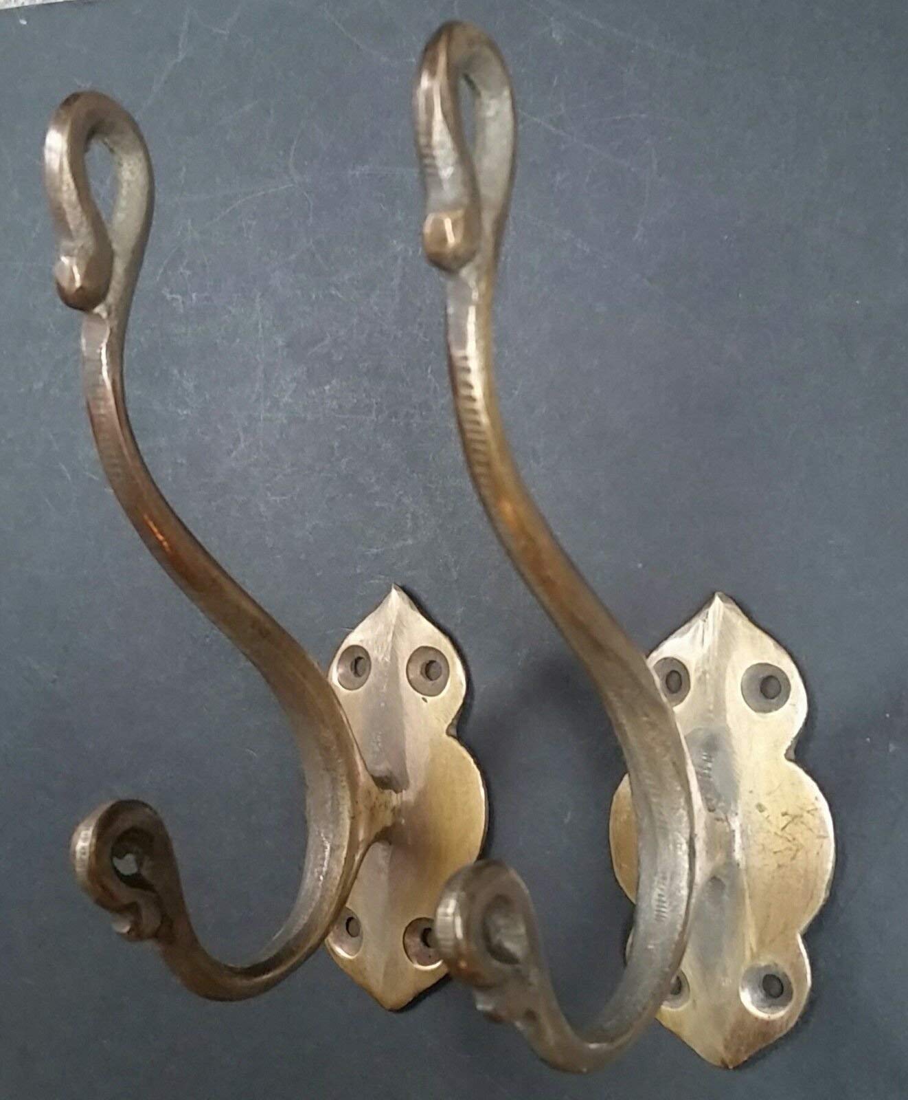 2 Large Solid Brass Vintage Antique Style Ornate Double Coat Hat Towel Hooks 6" #C11