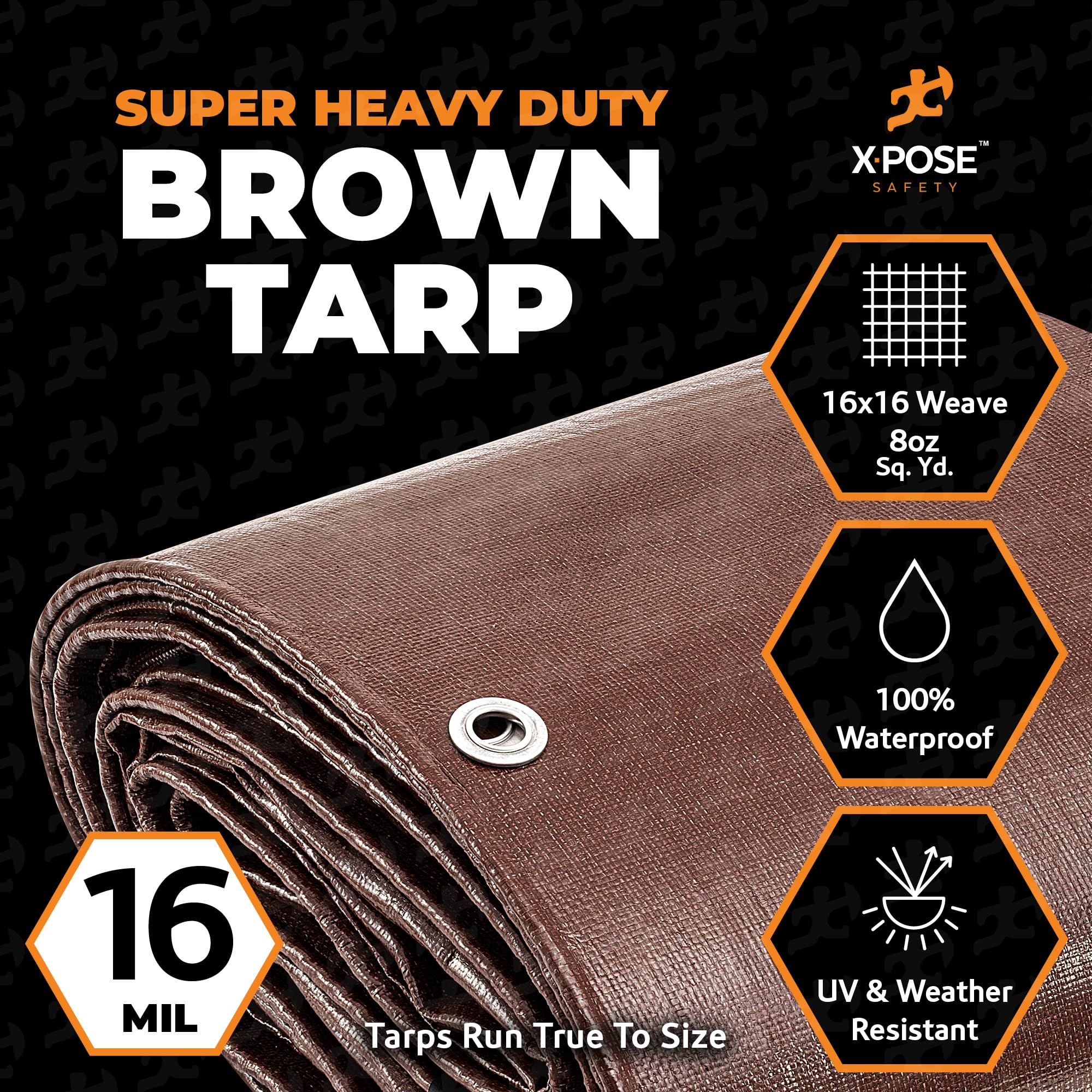 12' x 20' Super Heavy Duty 16 Mil Brown Poly Tarp Cover - Thick Waterproof, UV Resistant, Rip and Tear Proof Tarpaulin with Grommets and Reinforced Edges - by Xpose Safety